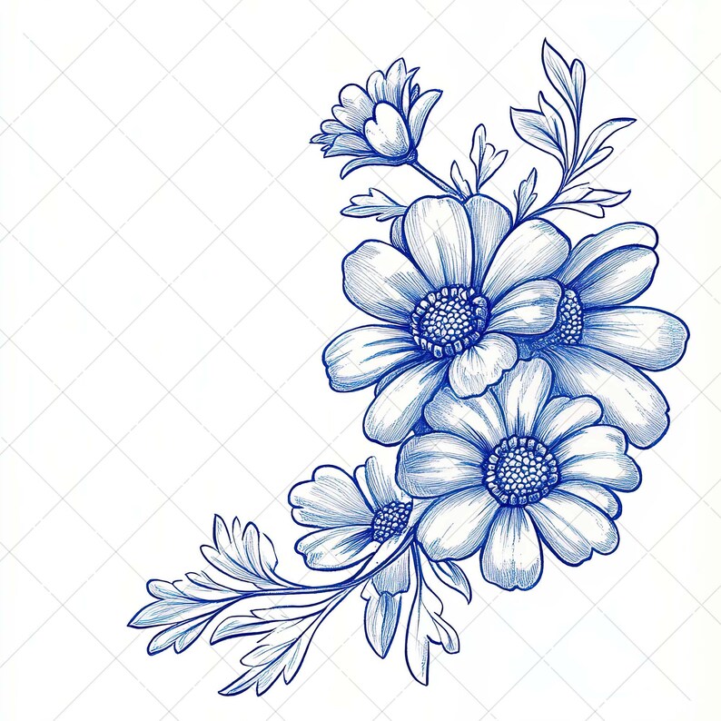 Daisy Border Corner Set, 9 PNG Blue Floral Images, Vintage Flower Frame ...