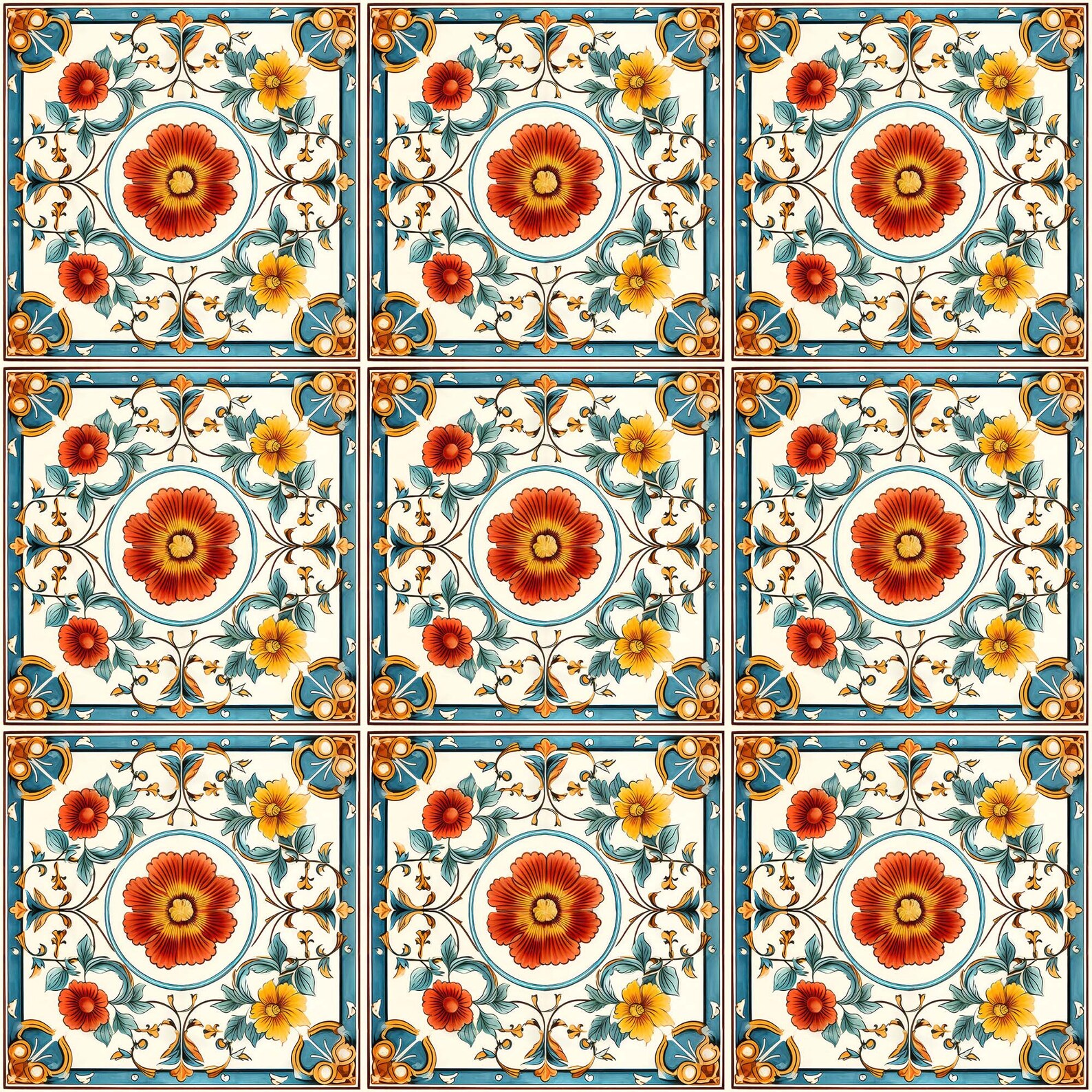 Vintage Tiles Classic Design Red Yellow Flowers Beige Background Green ...