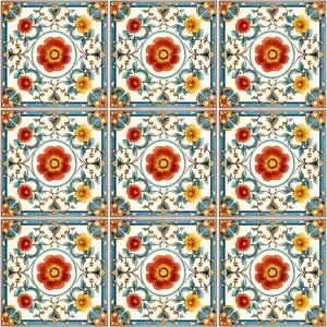 Vintage Tiles Classic Design Red Yellow Flowers Beige Background Green ...