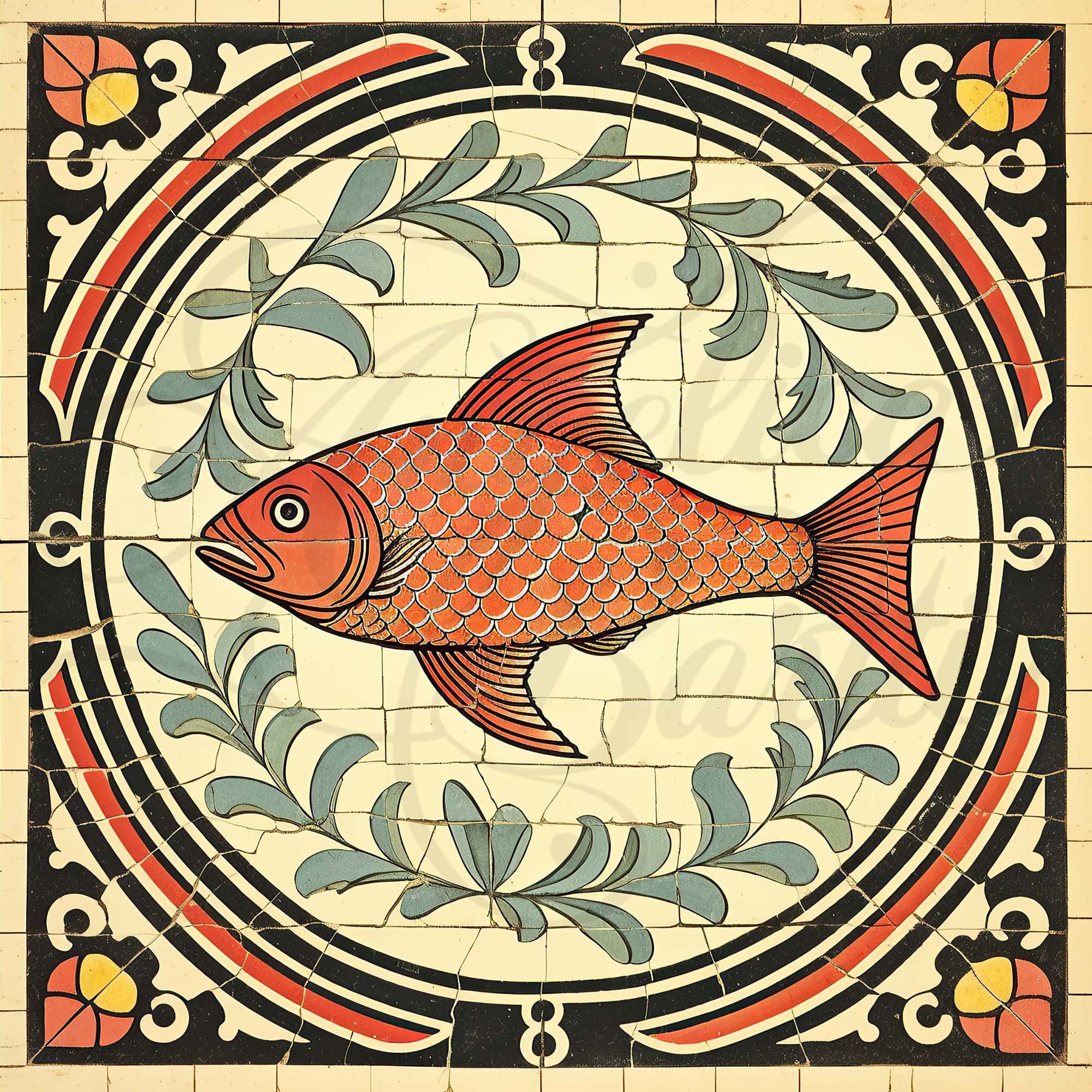 Fish Red Green Tile Digital Download Vintage Mosaic Antique Classic ...