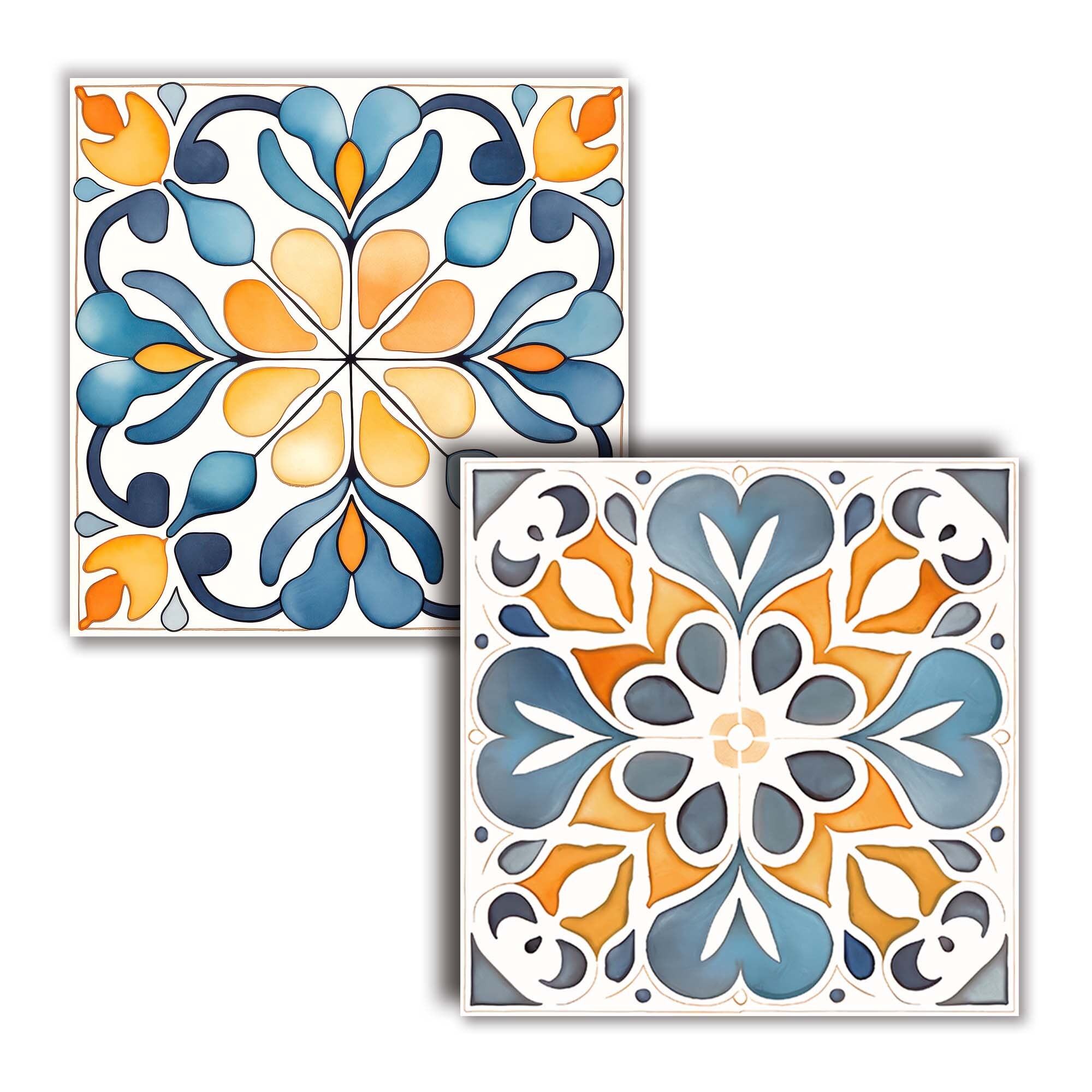Set of 16 Tile Illustrations, Spanish Mosaic, Blue, Orange, White ...
