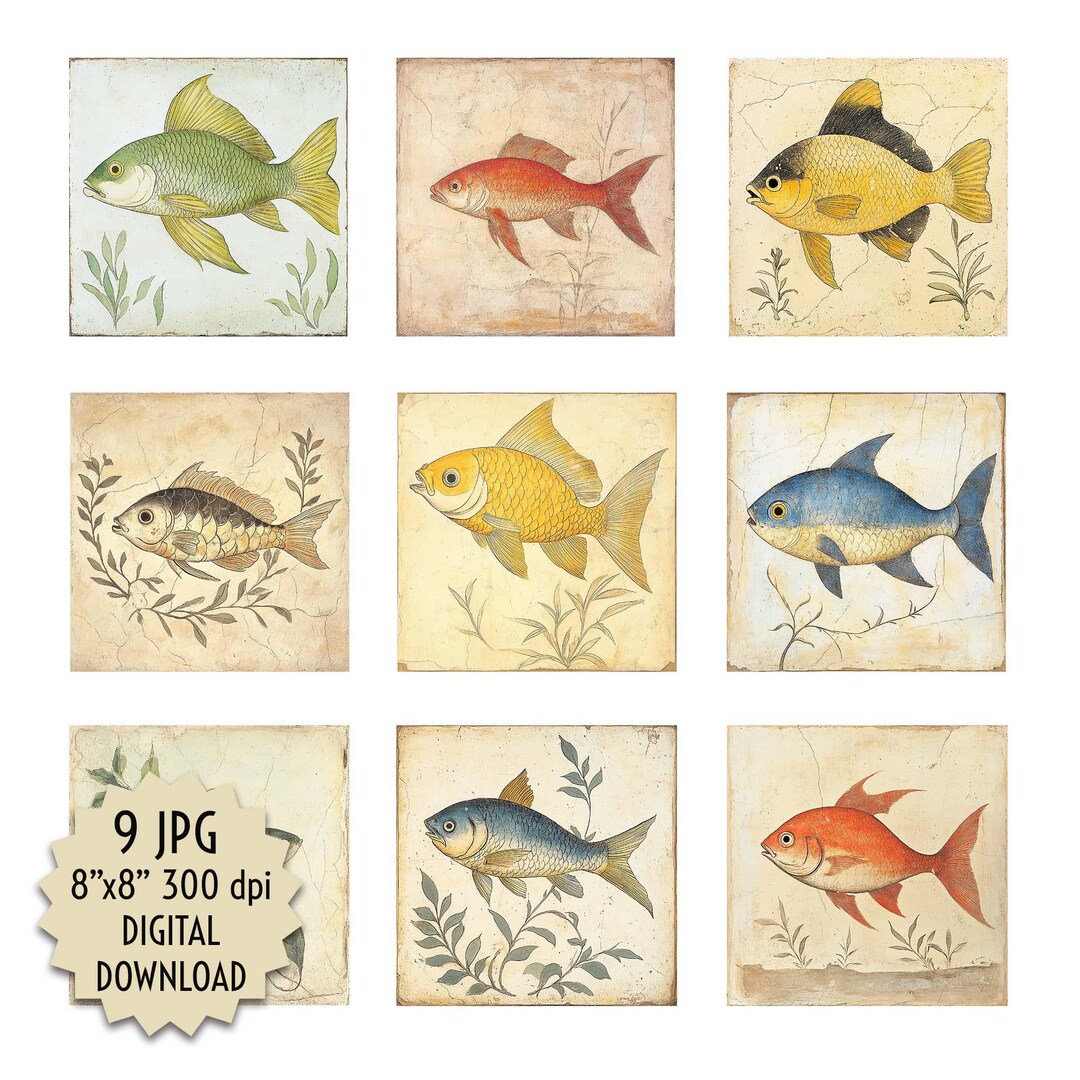 Vintage Fish Tile Prints, Coastal Wall Art, 9 Digital JPG, Nautical ...