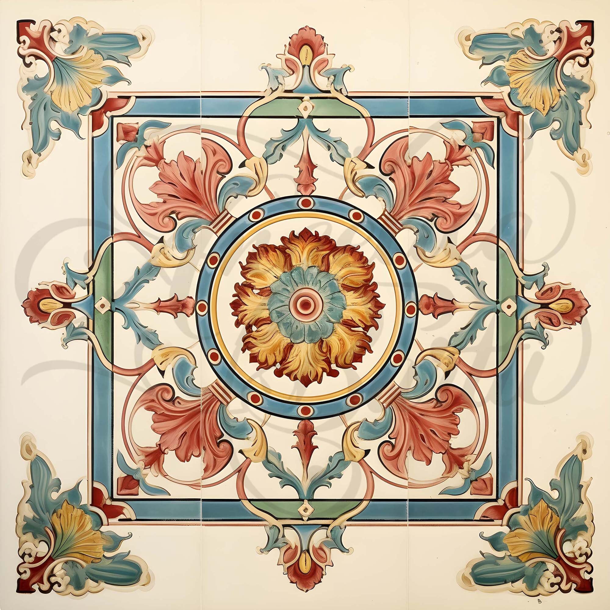 Geometric Floral Ornament Ancient Tile Red Green Brown Beige Mosaic ...