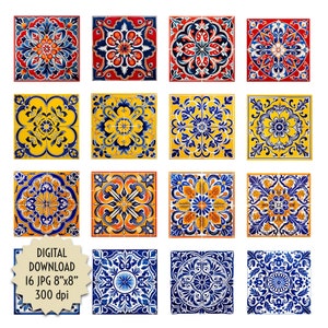 16 Red Blue Yellow Orange Tiles Floral Symmetrical Digital Design ...