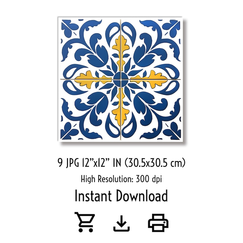 Set of 9 Painted Ceramic Tiles Blue Yellow White for Furniture Patios ...