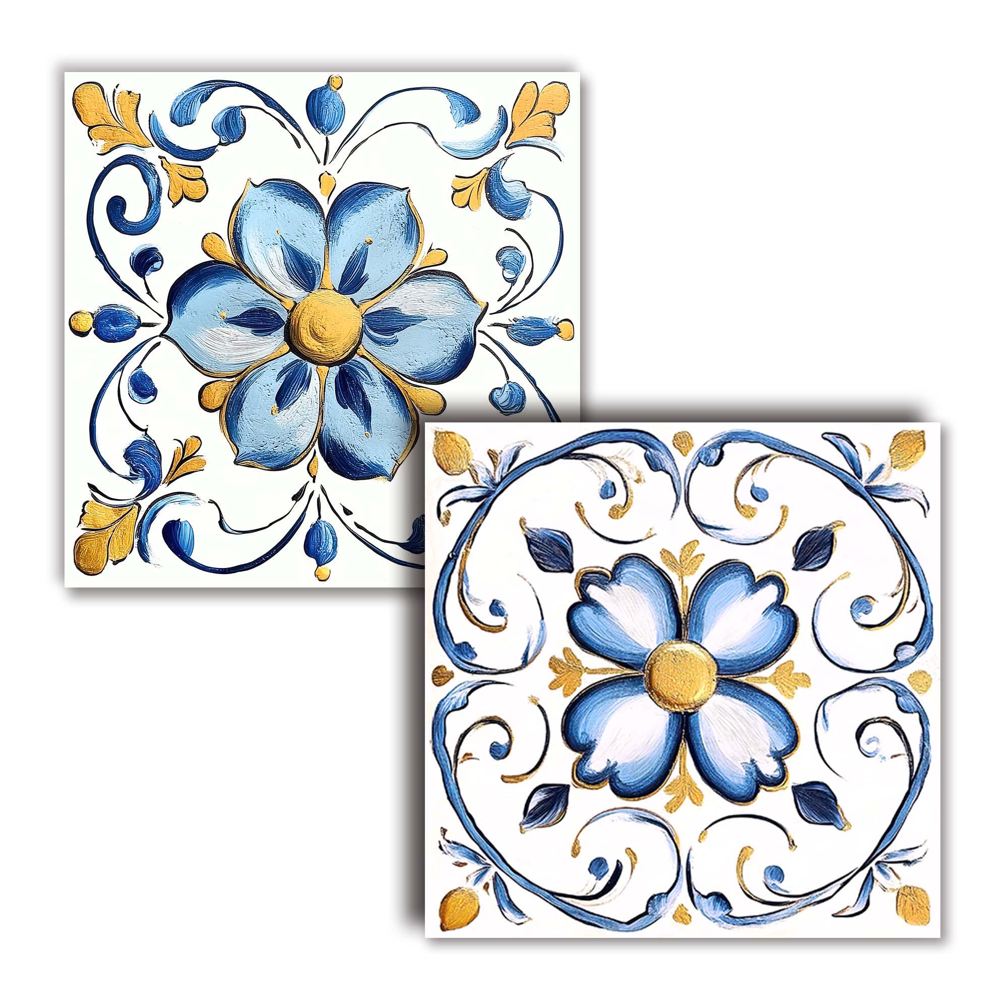 Blue Tile Set, Vintage White Golden Mosaic Patterns, Floral Ceramic ...