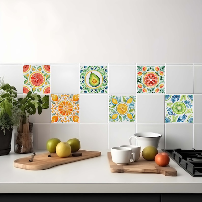 Fruit Illustration Tiles, Watercolor in Blue Green Red Orange Yellow ...