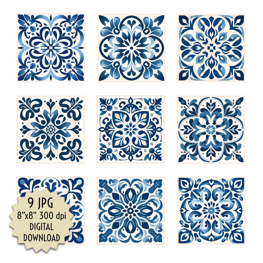 Blue White Tile Set, 9 Digital Patterns, Ceramic Inspired, 8x8 Inch JPG ...