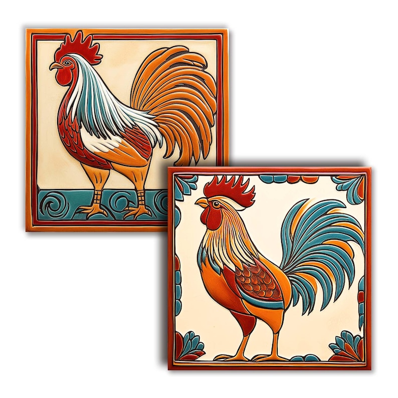 Farmhouse Rooster Tile, Rustic Folk Style, Vibrant Colors, Digital ...