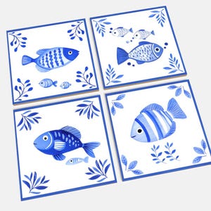 Blue Fish Tile Set, Nautical Marine Patterns, Cute Digital Mosaic Art ...