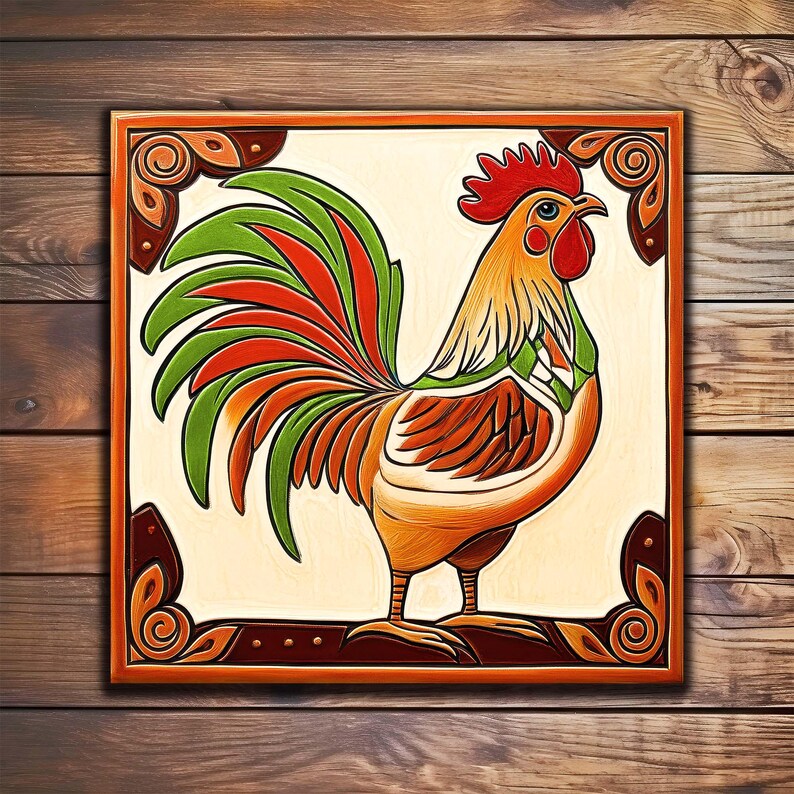 Farmhouse Rooster Tile, Rustic Folk Style, Vibrant Colors, Digital ...