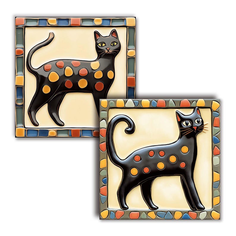 Black Cat Relief Tiles, Beige Background, Folk Naïve Art, Glazed ...
