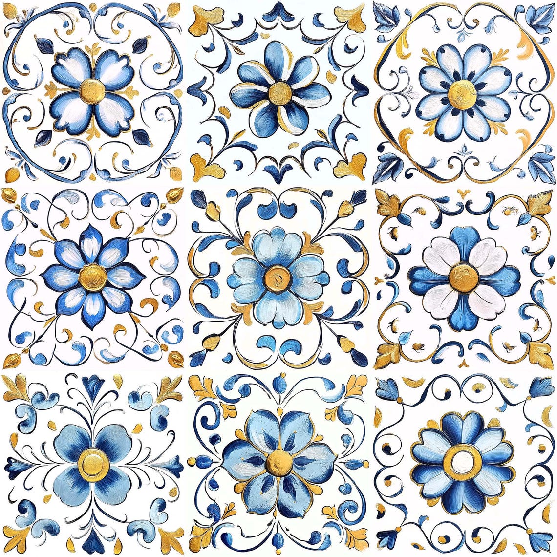 Blue Tile Set, Vintage White Golden Mosaic Patterns, Floral Ceramic ...