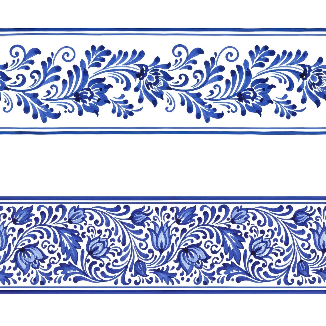 8 Seamless Cobalt Blue Floral Borders JPG Set, Horizontal Symmetrical ...