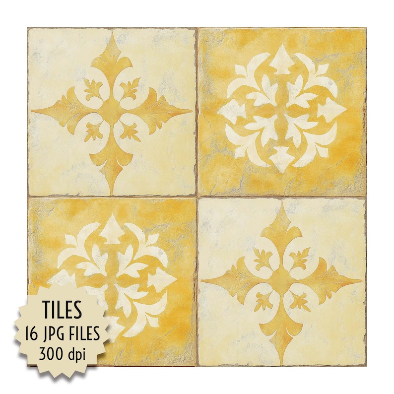 Yellow Tiles, Aged Worn Medieval Design, Floral and Cross, Cream Tones ...