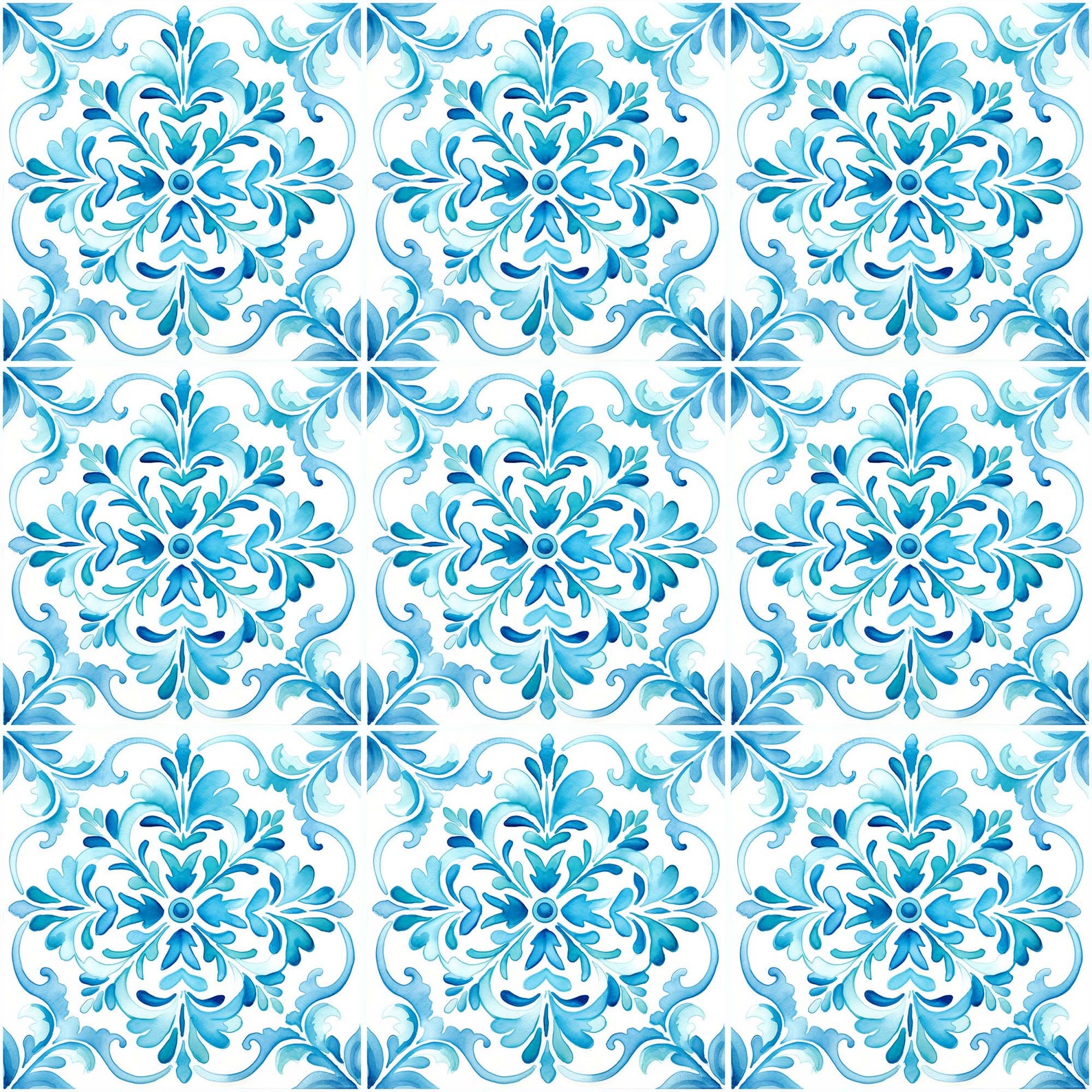 Blue Watercolor Tiles White Background Mosaic Decorative Wallpaper ...