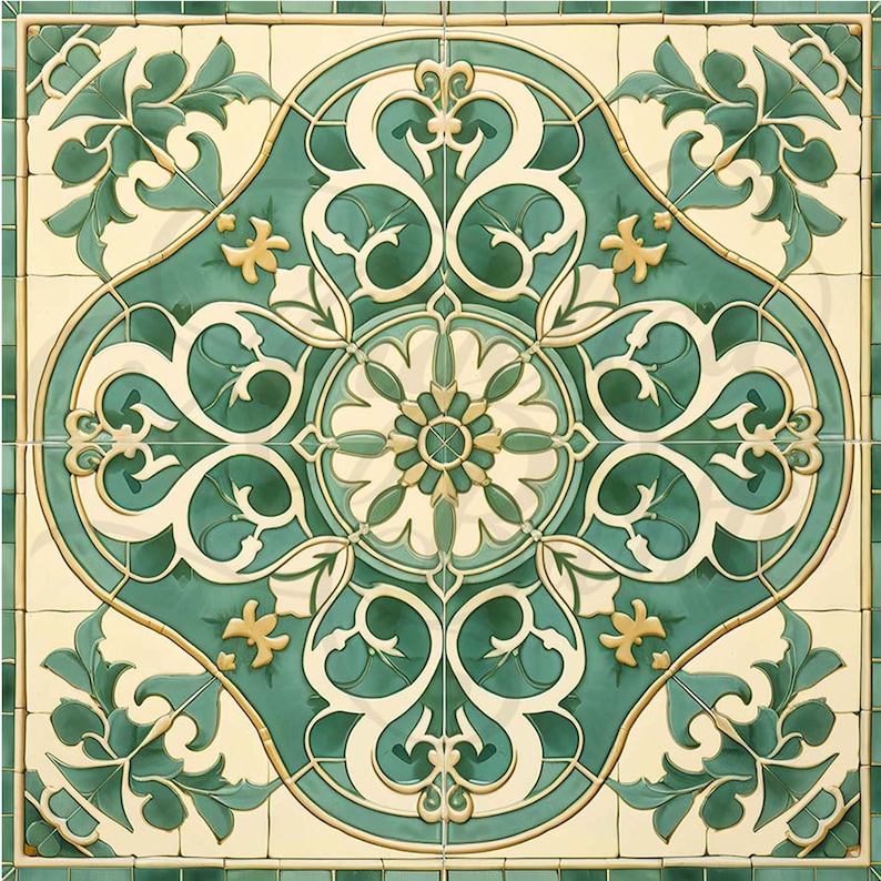 9 Vintage Green Tiles Clipart. SVG, JPG. Spanish-style Tiles ...
