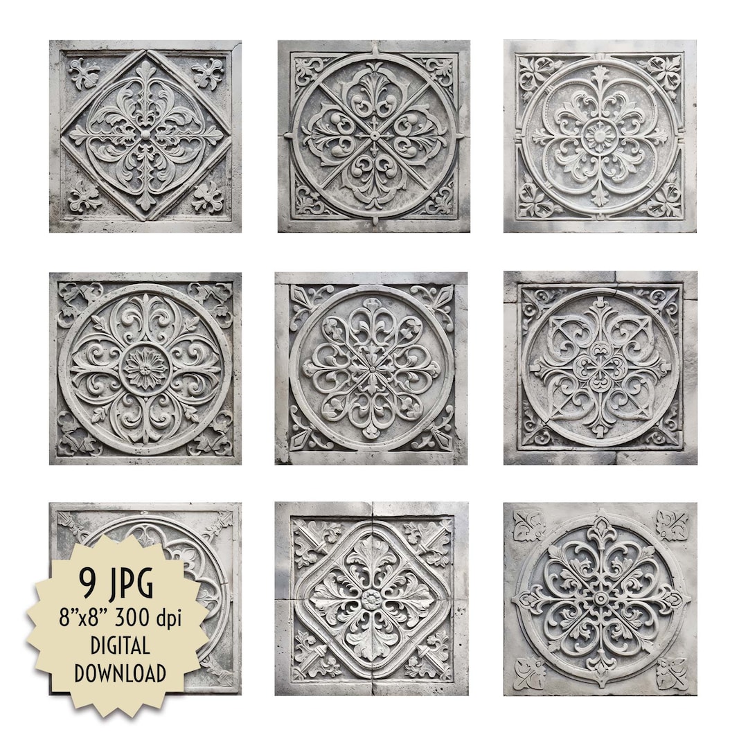 Ancient Medieval Gothic-style Carved Stone Tile With Symmetrical Floral ...
