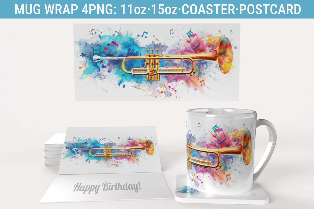 Trumpet Watercolor Printable 11oz 15oz Wrap Around Mug Clipart Image ...
