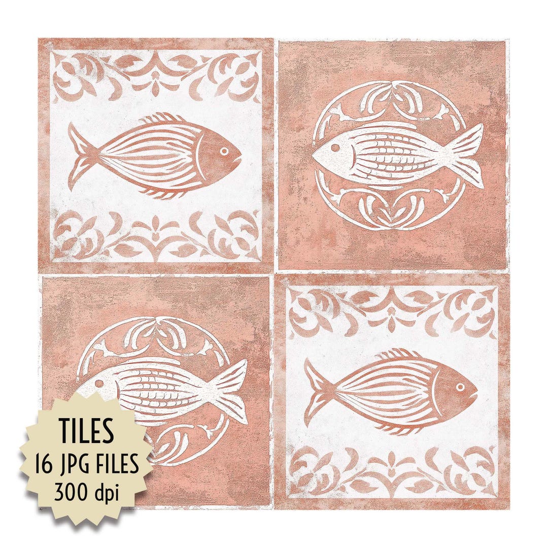 Salmon Tiles, Rustic Fish Mosaic Design, White Aged Weathered Vintage ...