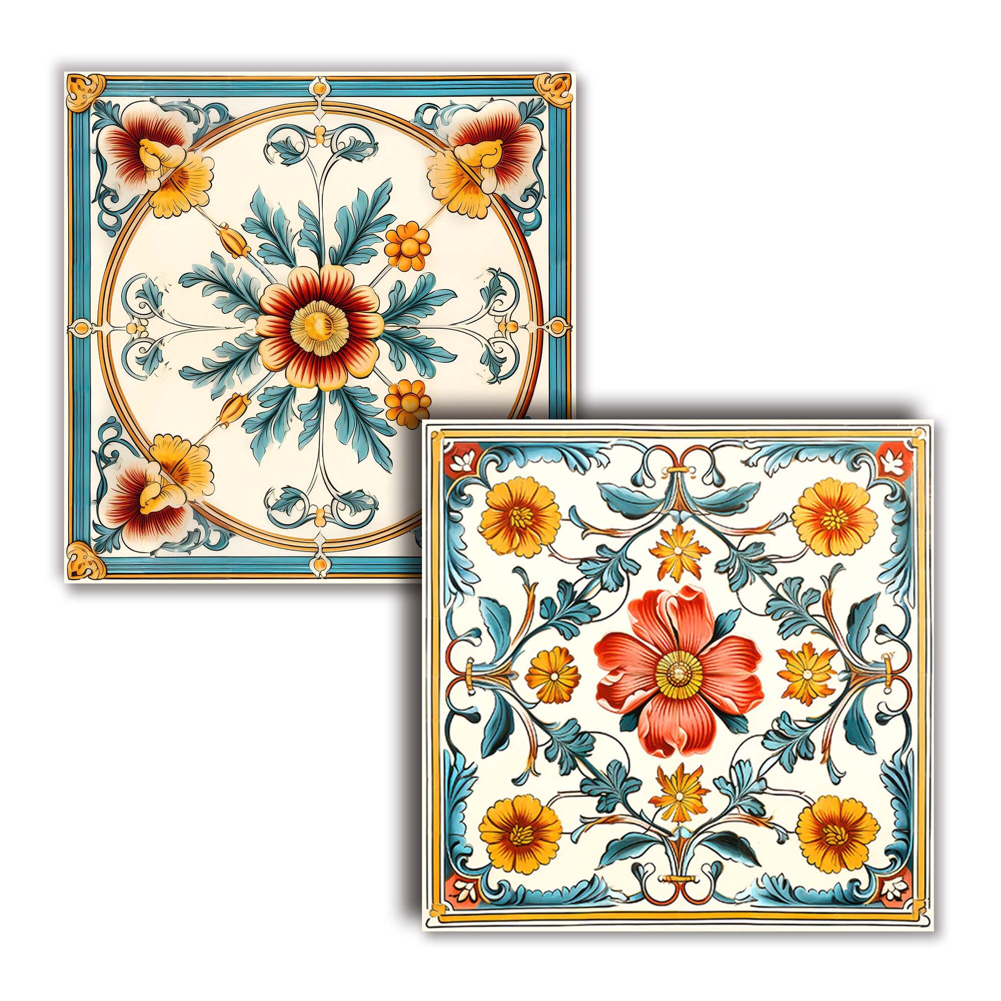 Vintage Tiles Classic Design Red Yellow Flowers Beige Background Green ...