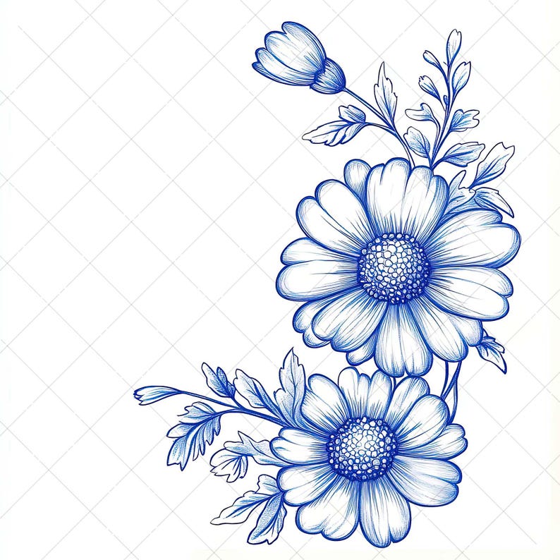 Daisy Border Corner Set, 9 PNG Blue Floral Images, Vintage Flower Frame ...