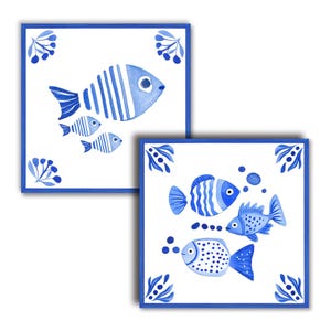 Blue Fish Tile Set, Nautical Marine Patterns, Cute Digital Mosaic Art ...