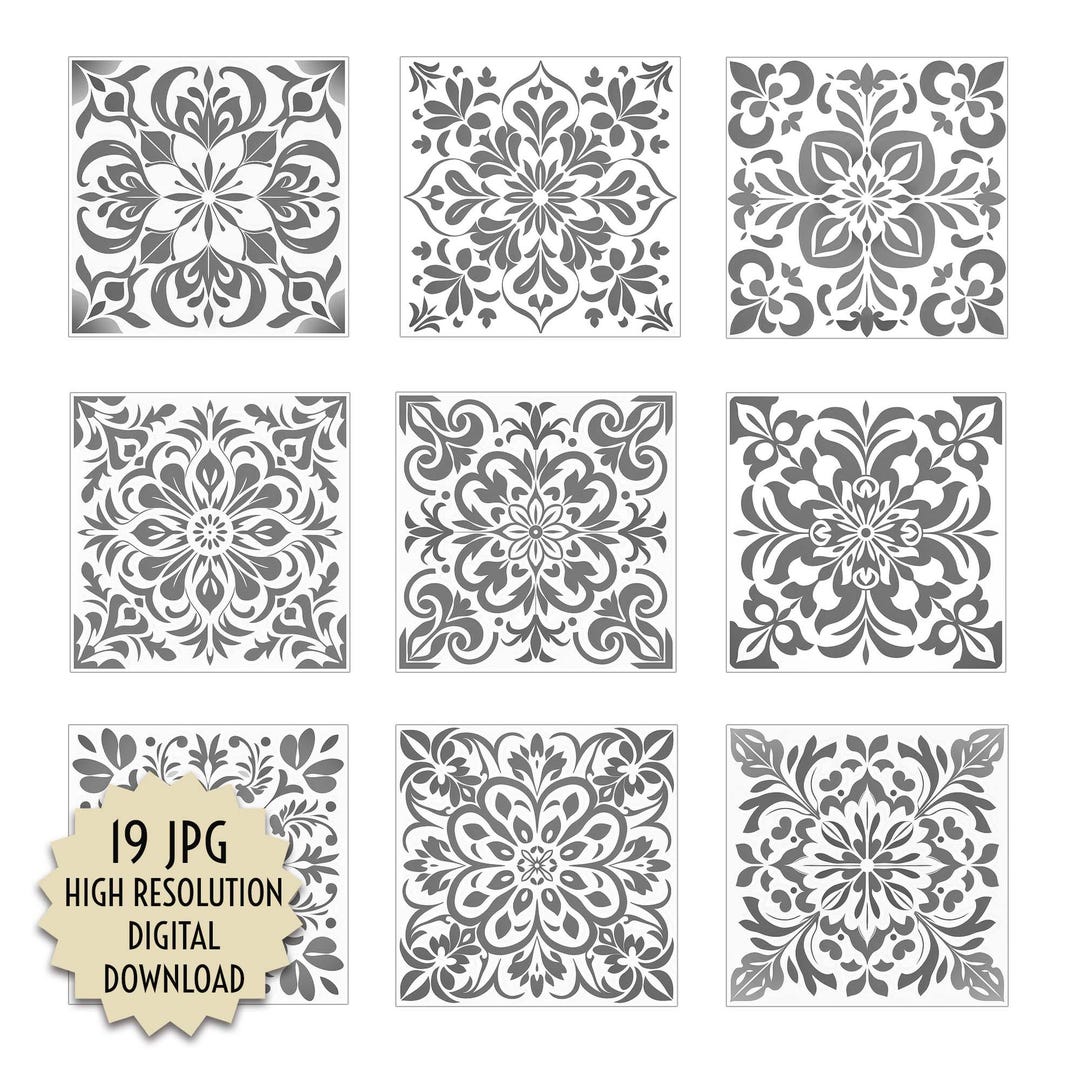 Gray Floral Tiles Clipart, White Background, Digital Mosaic for ...