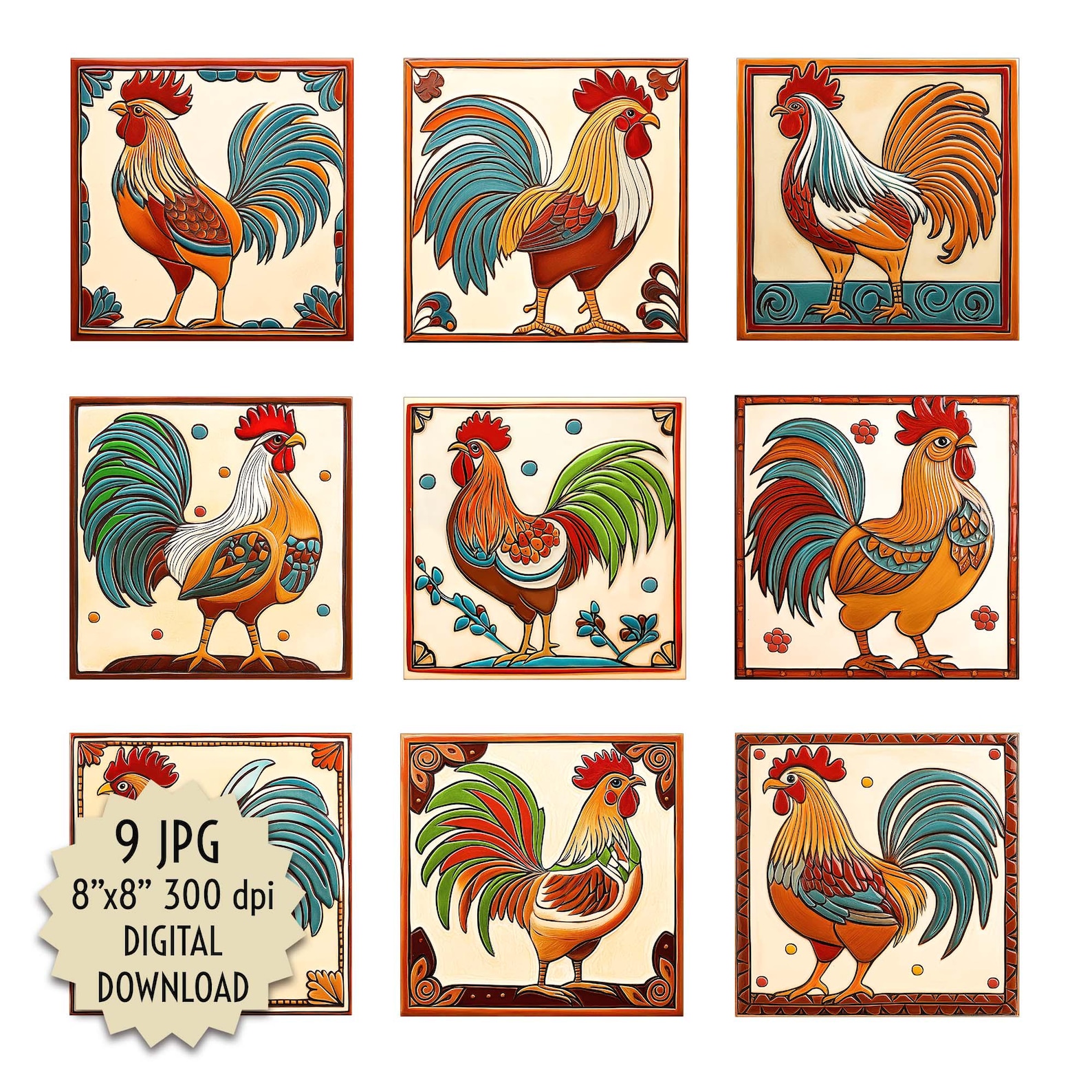 Farmhouse Rooster Tile, Rustic Folk Style, Vibrant Colors, Digital ...