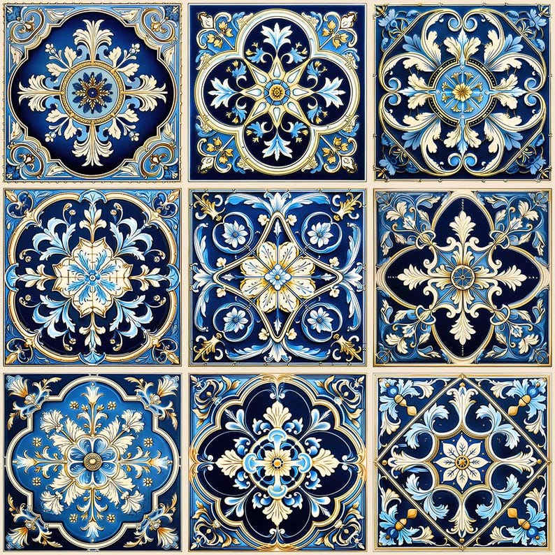 Blue Tiles Mosaic, Sticker, Pattern Design, Floral Vintage Ceramic ...