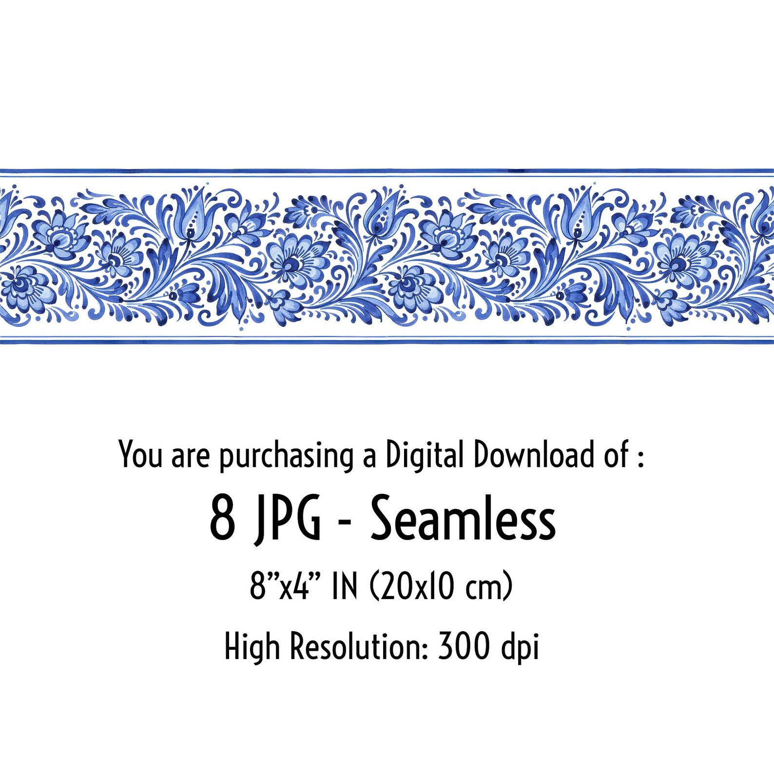 8 Seamless Cobalt Blue Floral Borders JPG Set, Horizontal Symmetrical ...
