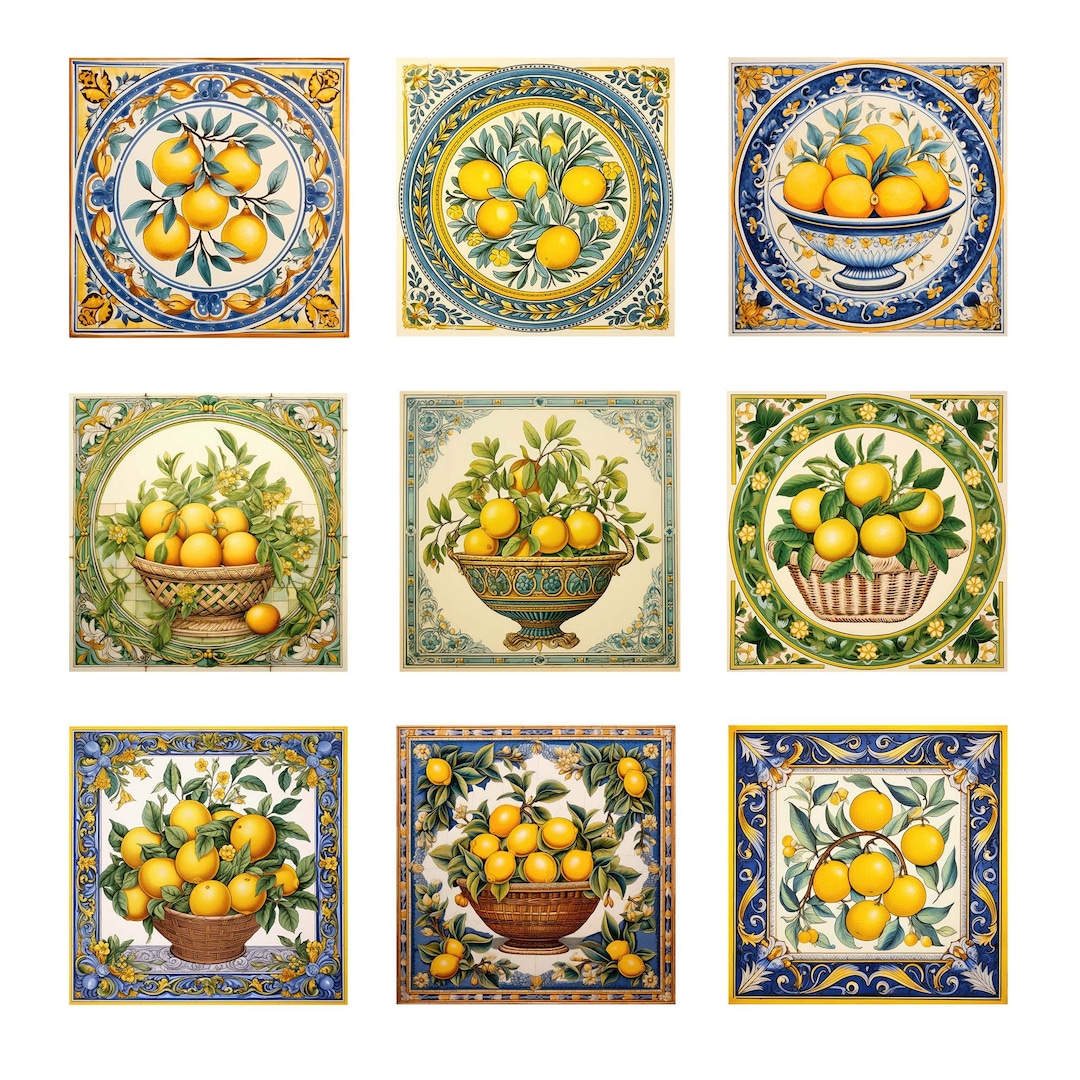 9 Vintage Lemon Tiles in SVG/JPG Formats. Printable Digital Download ...