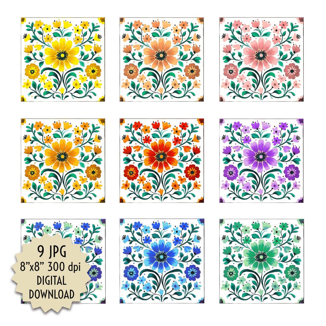 Floral Tile Set, 9 Colorful Flower Patterns, Digital Mosaic for ...