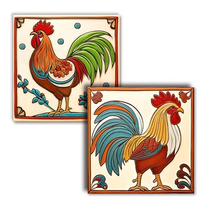 Farmhouse Rooster Tile, Rustic Folk Style, Vibrant Colors, Digital ...