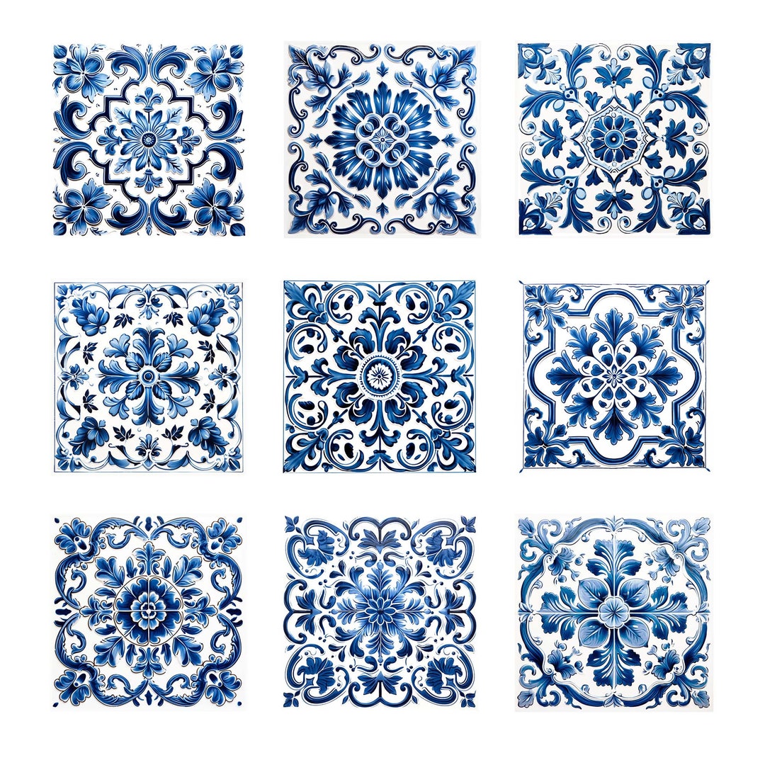 Vintage Blue Mediterranean Spanish Style Tile Digital Design Clipart ...