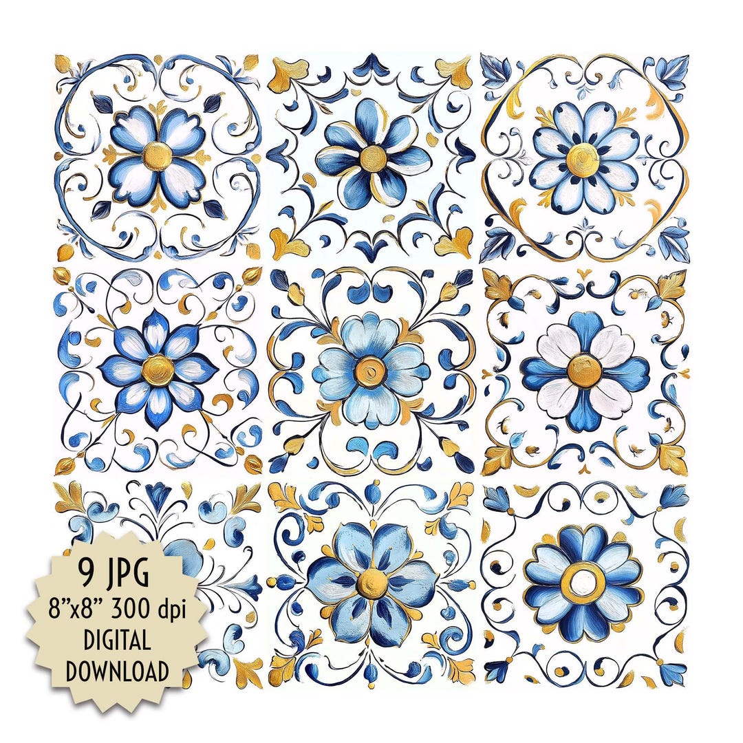 Blue Tile Set, Vintage White Golden Mosaic Patterns, Floral Ceramic Clipart, Printable Italy ...