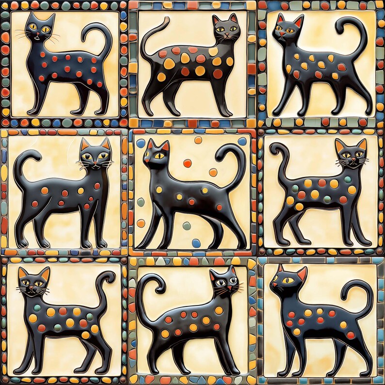 Black Cat Relief Tiles, Beige Background, Folk Naïve Art, Glazed ...