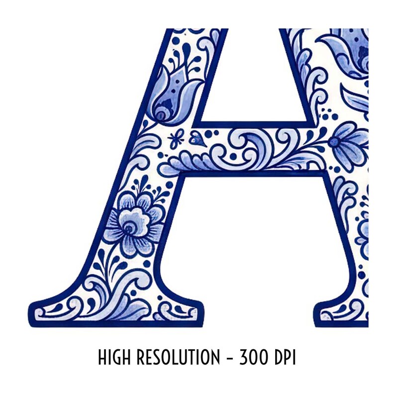 Floral Alphabet Clipart, Ornamental Letters PNG, Blue Delft Tile Style ...