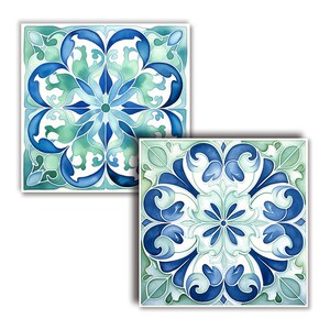 Blue and Green Tile Floral Pattern Watercolor Square Mosaic ...