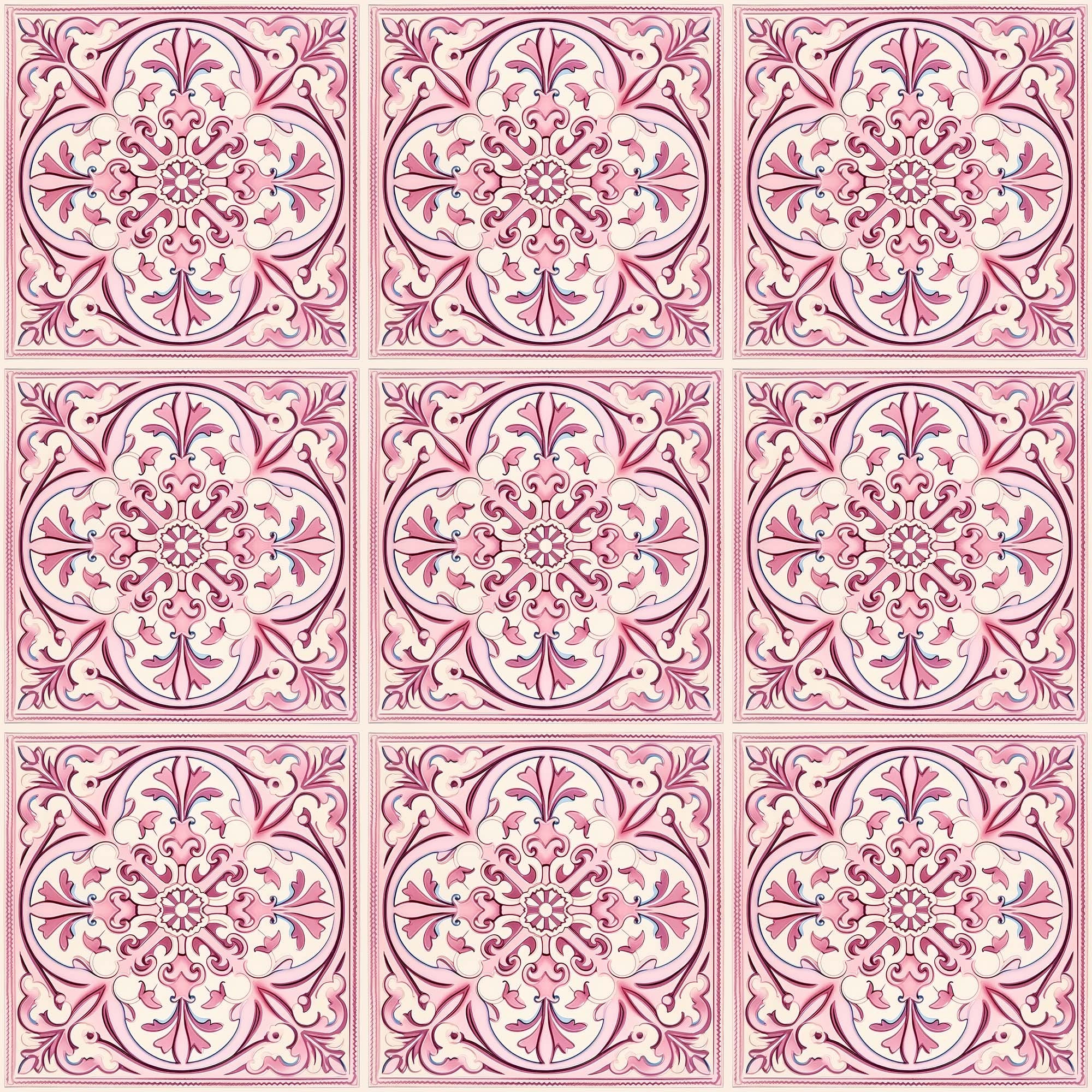 Pink Vintage Antique Spanish-style Geometric Floral Tiles Decorative ...