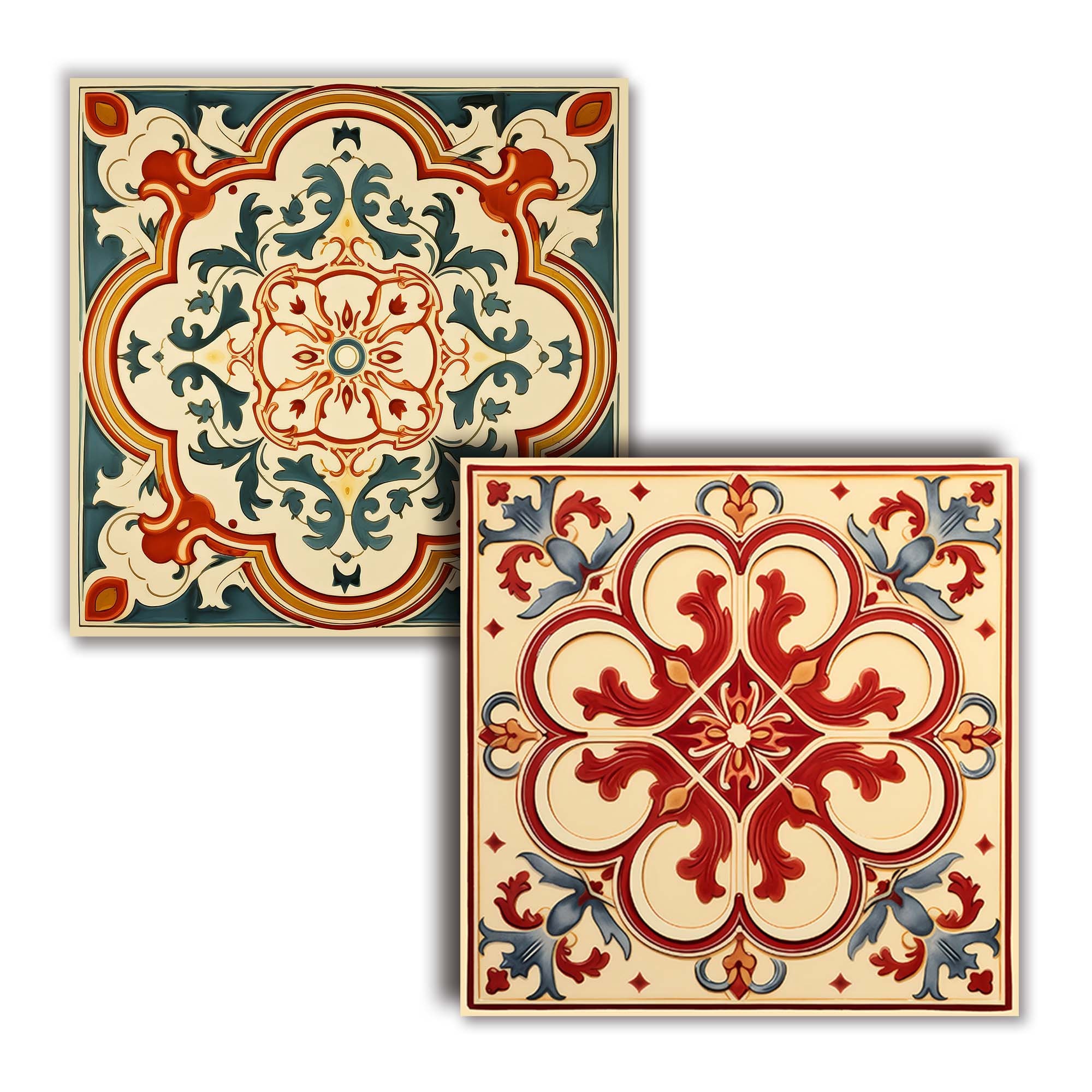 Red Beige Vintage Spanish-style Geometric Flower Tiles Decorative ...