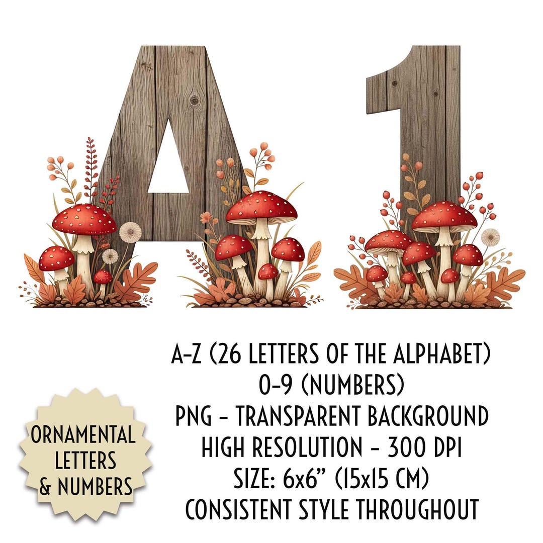 Autumn Letters and Numbers With Mushrooms and Wood Texture, Clipart ...