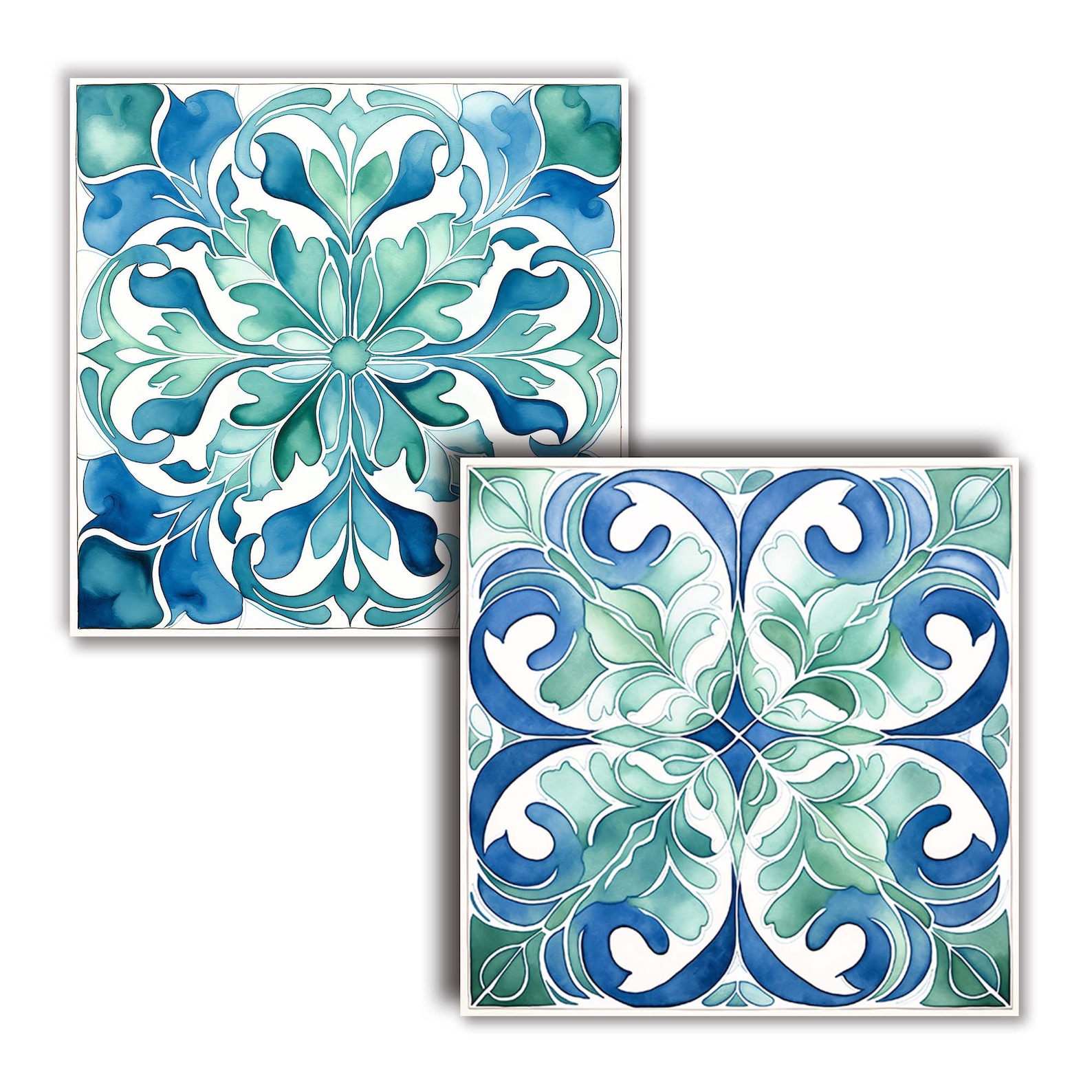 Blue and Green Tile Floral Pattern Watercolor Square Mosaic ...
