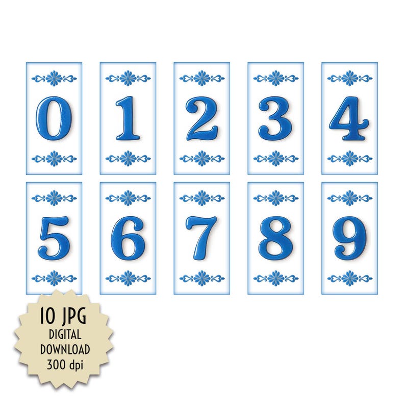 Number Tiles, Blue Ceramic, Realistic Clipart 0-9, Bright Glossy Digits ...