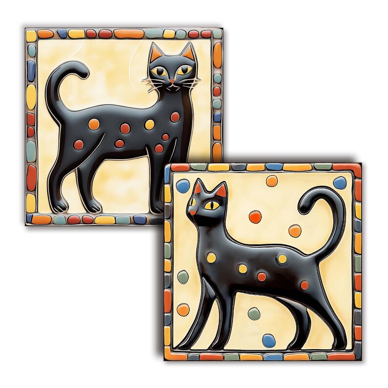 Black Cat Relief Tiles, Beige Background, Folk Naïve Art, Glazed ...