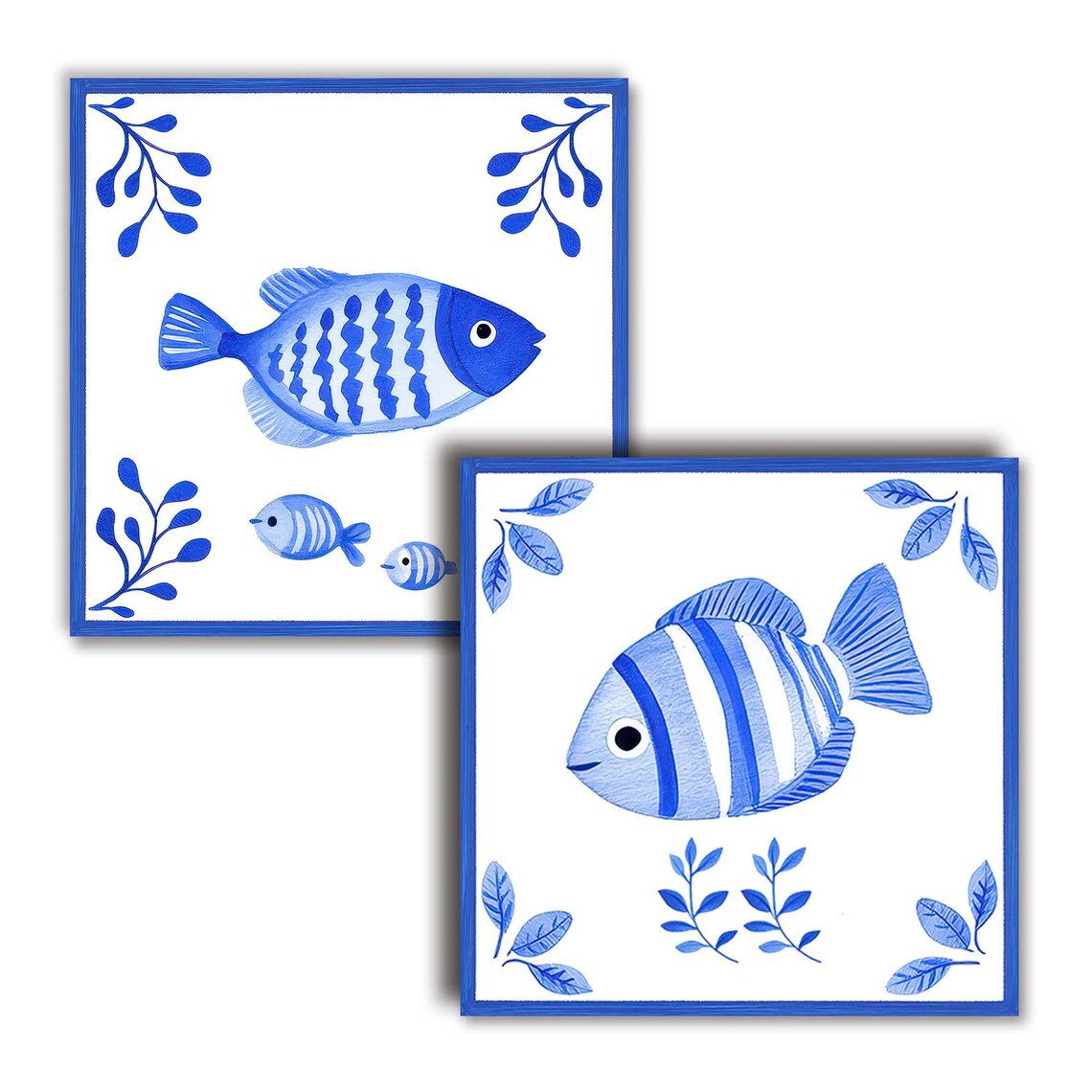 Blue Fish Tile Set, Nautical Marine Patterns, Cute Digital Mosaic Art ...
