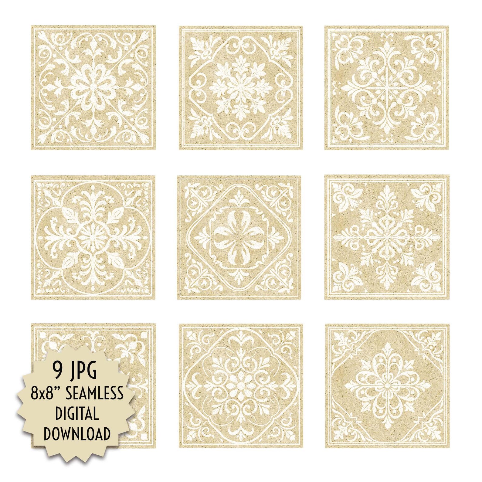 9 Seamless Beige and White Cement Textured Tiles, for Printing Stickers ...