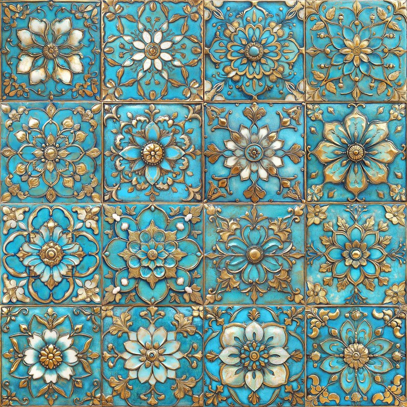 Elegant Vintage Tiles in Turquoise Gold and White Ceramic Relief Mosaic ...
