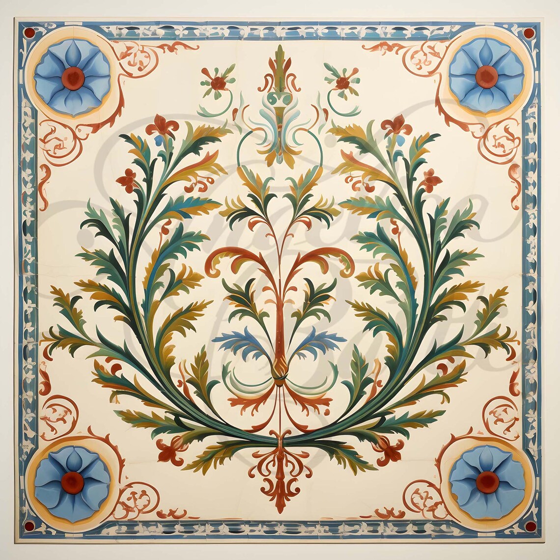 Geometric Floral Ornament Ancient Tile Red Green Brown Beige Mosaic ...