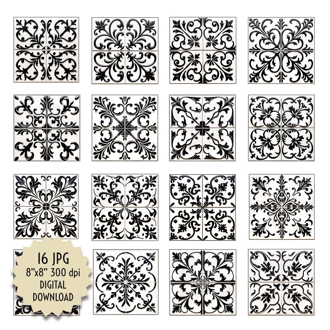 Victorian Style Ceramic Tile Print, Black and White Glossy Design ...